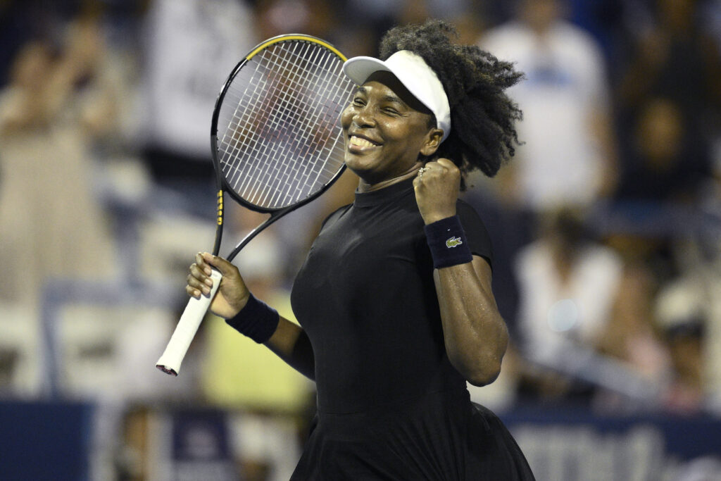 Venus Williams celebrates her win over Peyton Stearns during a match at the Citi Open tennis tournament Tuesday, July 22, 2025, in Washington.