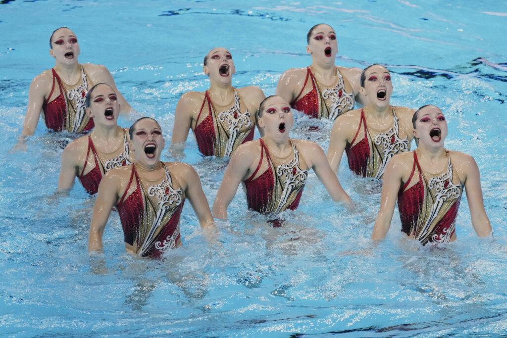 Team Neutral Athlete B compete in the team technical final of artistic swimming at the World Aquatics Championships in Singapore, Tuesday, July 22, 2025.