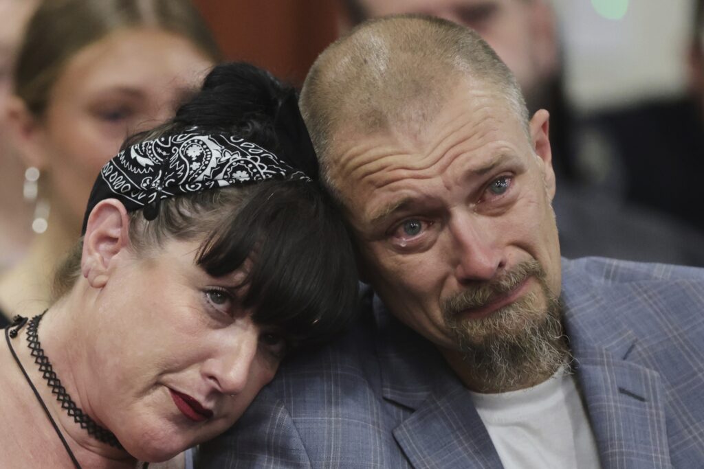 Benjamin Mogen, father of Madison Mogen cries at the sentencing hearing of Bryan Kohberger at the Ada County Courthouse, Wednesday, July 23, 2025, in Boise, Idaho, for brutally stabbing four University of Idaho students to death nearly three years ago.