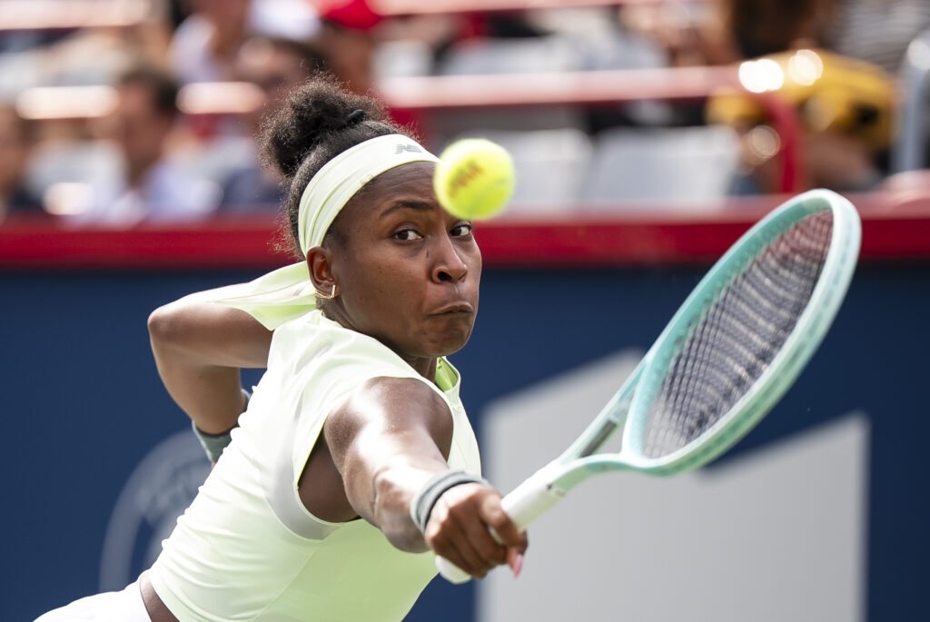 Coco Gauff, of the United States, returns a shot during third-round match action against Veronika Kudermetova at the National Bank Open women's tennis tournament in Montreal, Thursday, July 31, 2025.