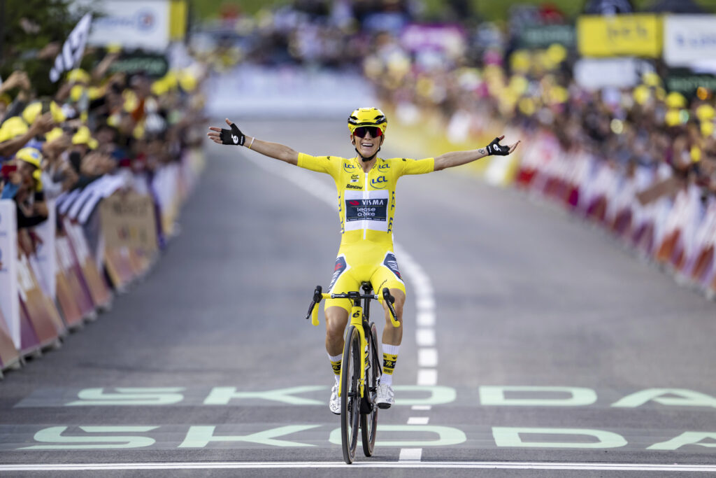 The winner of the Tour de France Femmes Pauline Ferrand-Prevot from France of team Visma - Lease a Bike celebrates as she crosses the finish line to win the 9th stage of the 4th edition of the Women's Tour de France cycling race, 124,1 km from Praz-Sur-Arly to Chatel Les Portes du Soleil, in Chatel, France, Sunday Aug. 3, 2025.