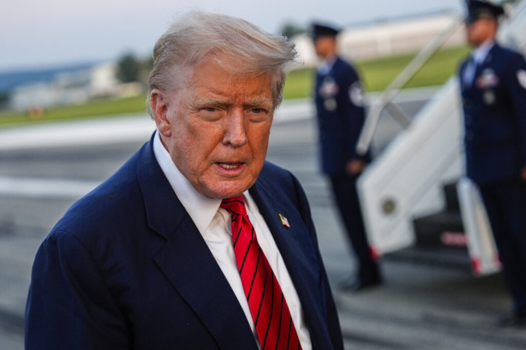 President Donald Trump speaks with reporters before boarding Air Force One at Lehigh Valley International Airport, Sunday, Aug. 3, 2025, in Allentown, Pa.